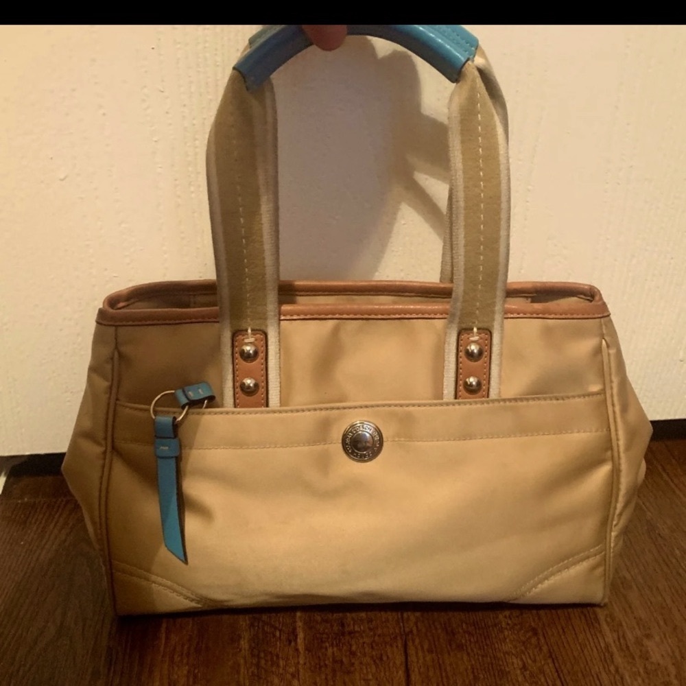 Coach Hampton Gold And Blue Weekend Small Tote Purse - Gem
